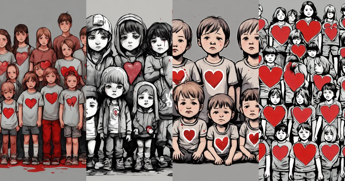 Lexica - Please generate a drawing of a big group of sad children and ...