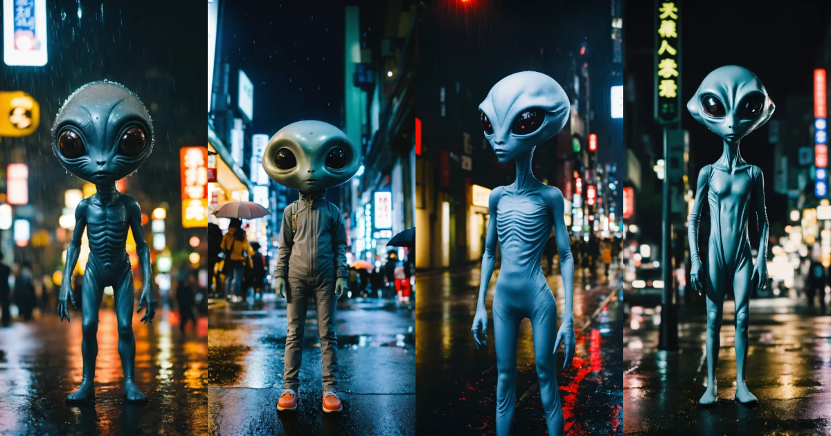 Lexica - Very cute, realistic grey alien standing in the street of ...