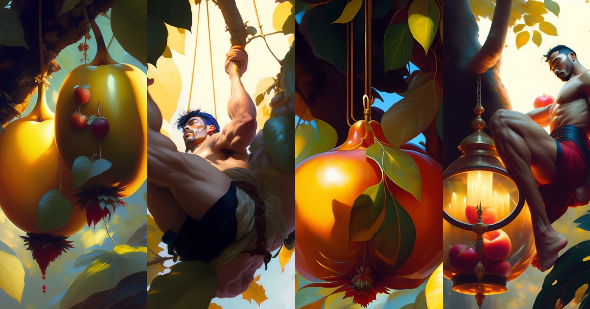 Lexica - A man hanging upside-down like a fruit from a tree branch by tsuyoshi nagano, greg ...