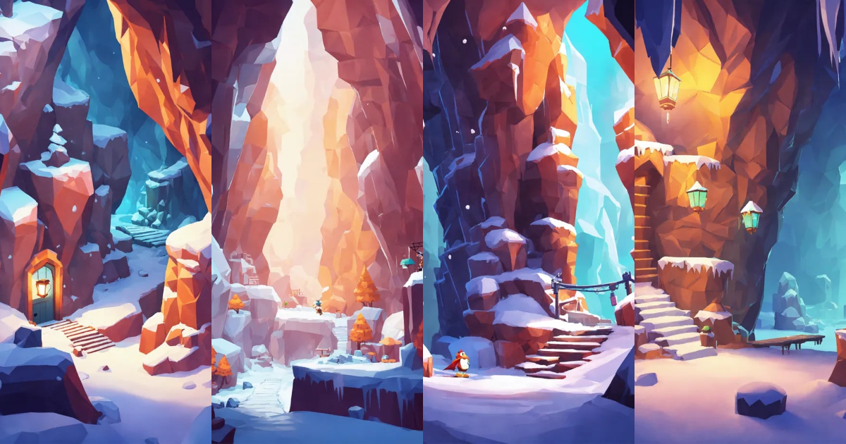 Lexica - Snowy cavern, platformer game, low poly, concept art