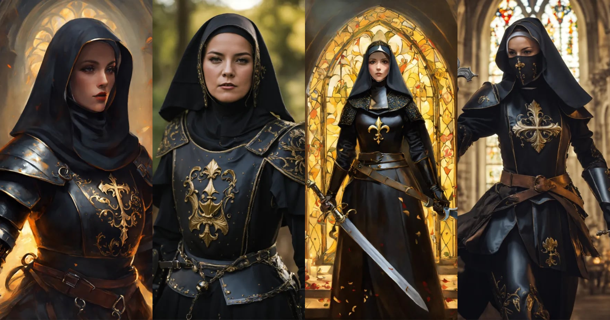Lexica - A fighting nun in black armour with fleur de lis