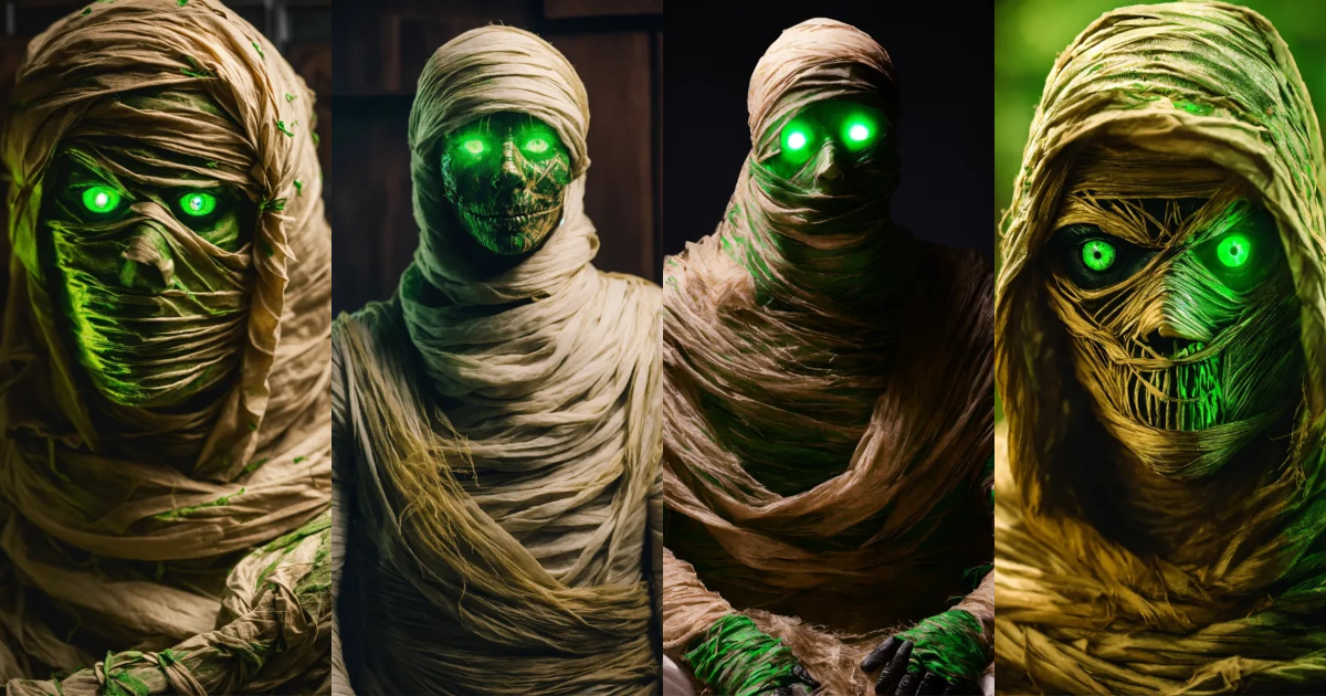 Lexica - Scary wrapped mummy man with green eyes