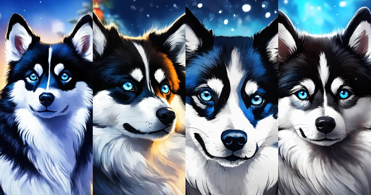 Lexica - Illustration of a magnificent black and white pomsky with blue ...