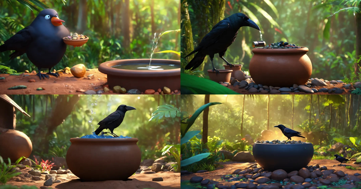 Lexica - 3d animation style crow putting stone in big deep clay pot ...