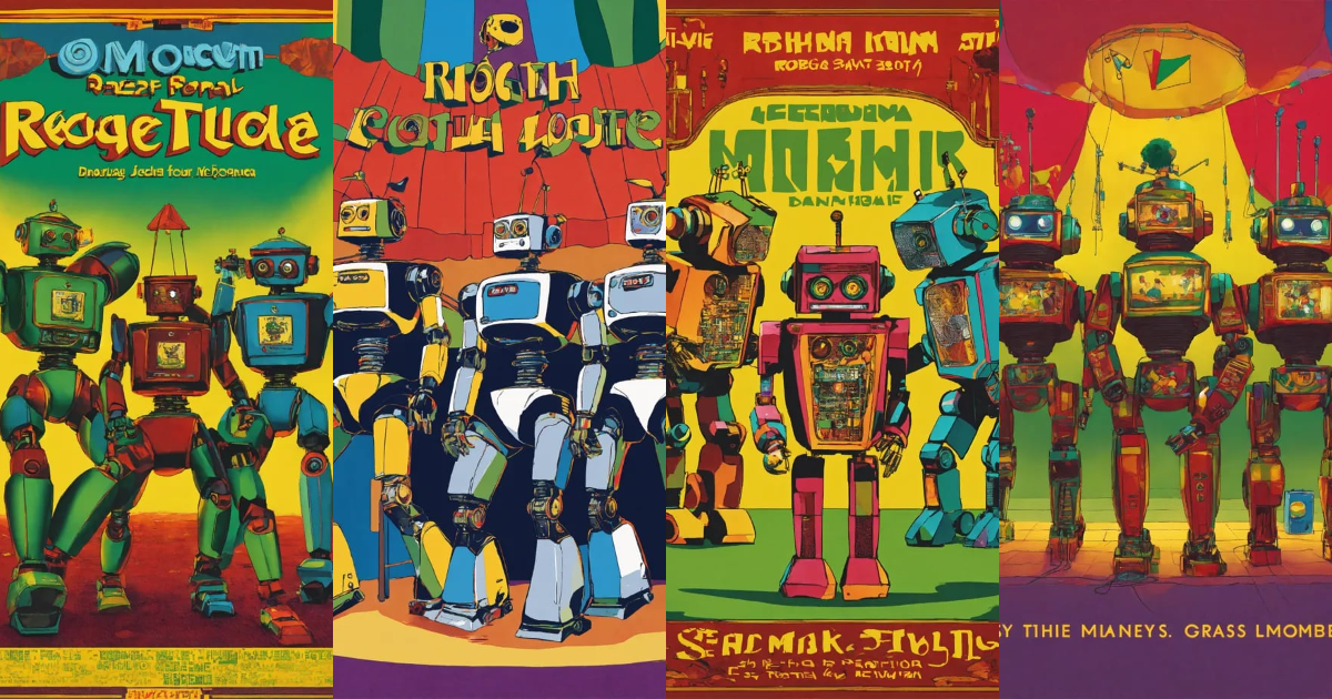 Lexica - Album cover. a group portrait of 3 robots on stage dancing at ...