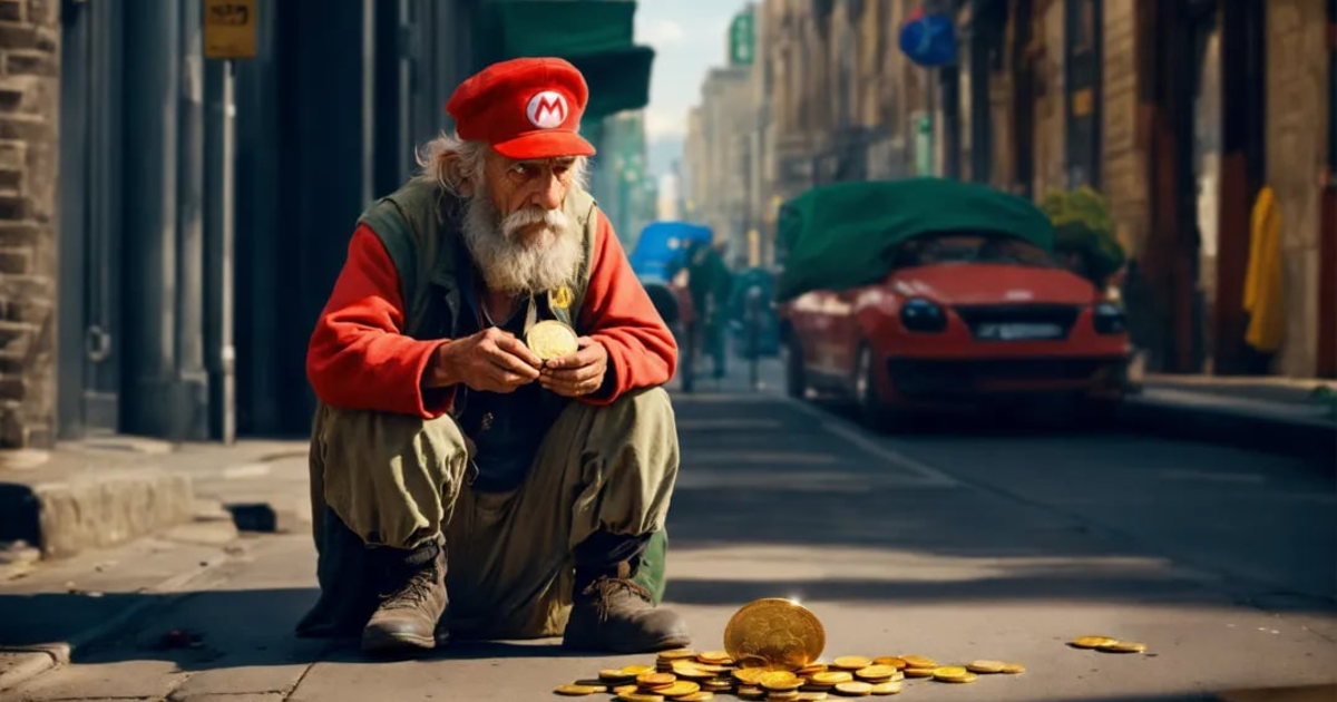 Lexica - An old, homeless man looking like Super Mario sitting on the ...