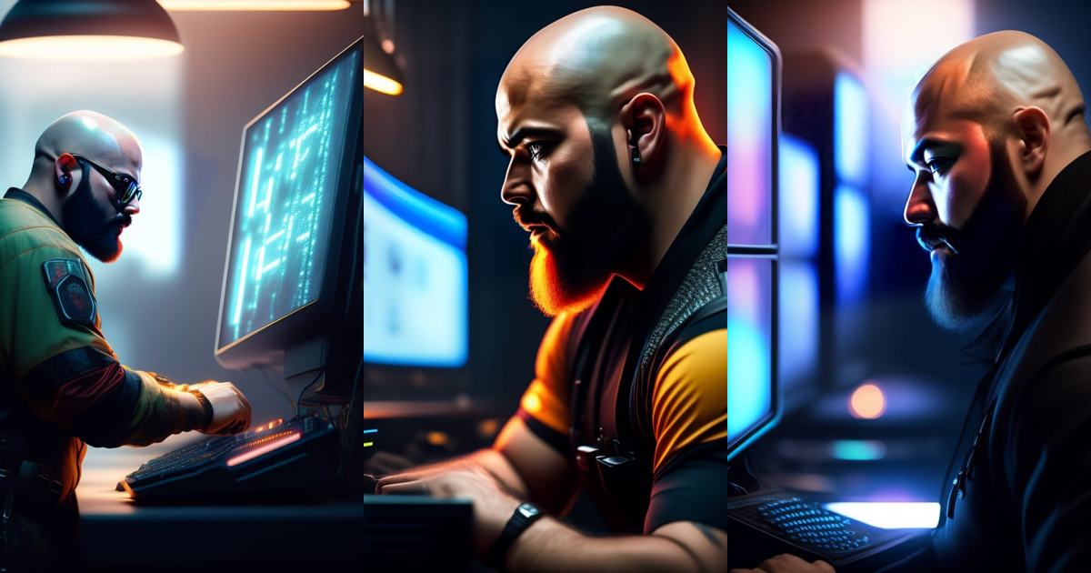 Lexica - A bald bearded tech support guy fixing computers, cyberpunk ...