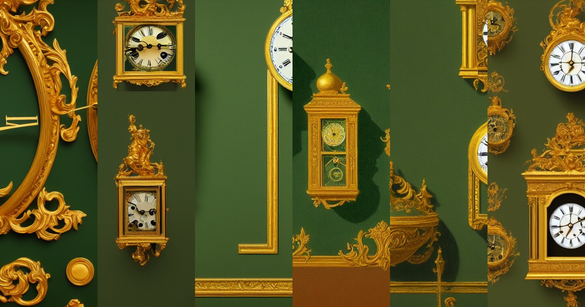 Lexica - An achingly beautiful print of dozens of ornate gold clocks on ...