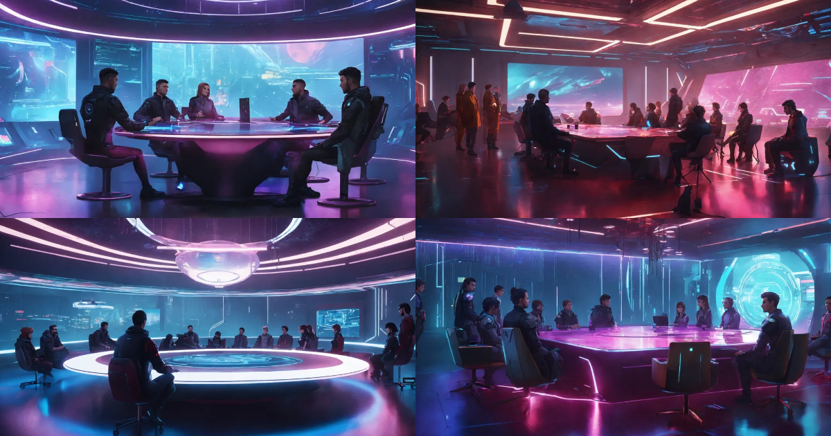 Lexica - Futuristic meeting hall, people in chairs around holo-table ...