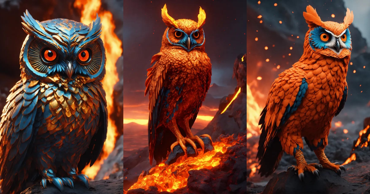 Lexica - The Volcano Vixowl's fiery feathers and volcanic environment ...