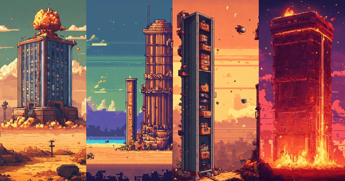 Lexica - Pixel art splash screen. Poorly built tower with toasters ...