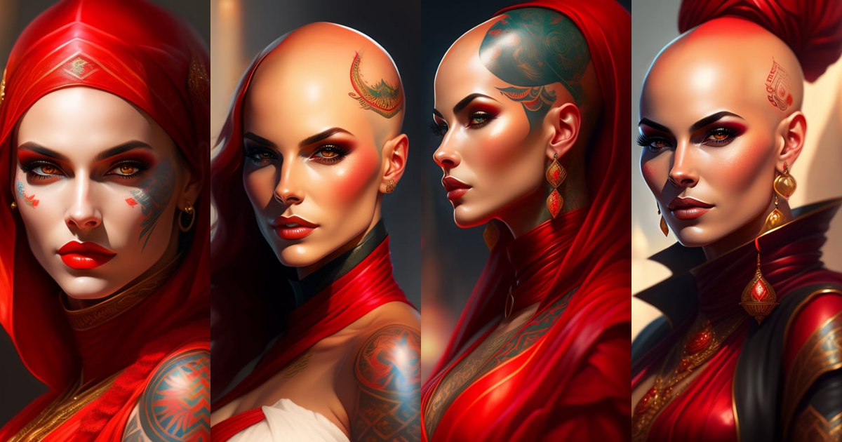 Lexica - Woman with bald tattooed head, red clothing, wizard, mage ...