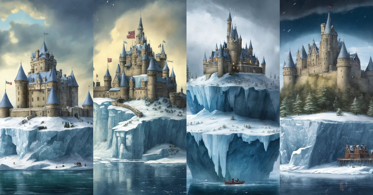 Lexica - A detailed illustration of a castle on a floating iceberg in a ...