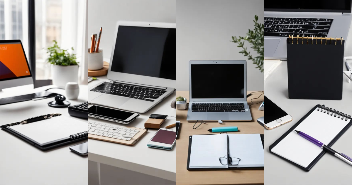 Lexica - Desktop with computer notepad pen pen phone and similar ...