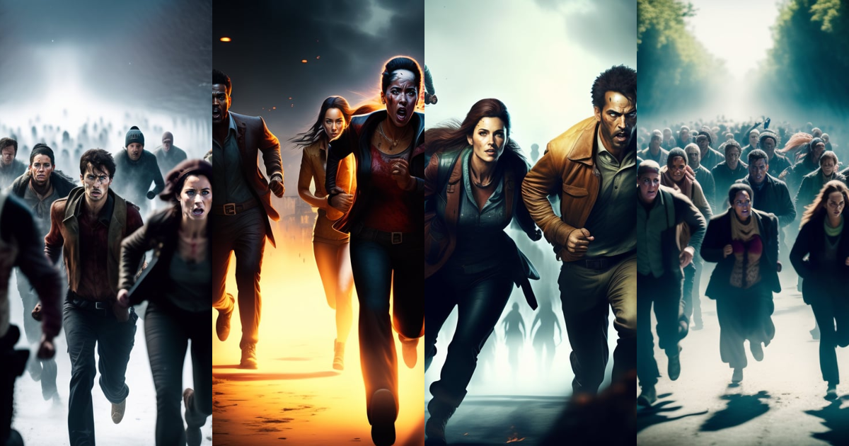 Lexica - A group of survivors running from a horde of zombies