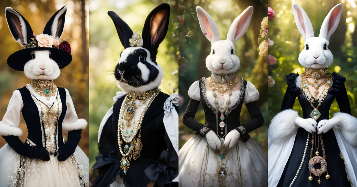 Lexica - Adorable black and white rabbit dressed as a beautiful lady ...