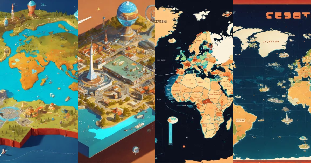 Lexica - World map. Isometric. Retrofuturistic. USSR. Jetsons. Space.