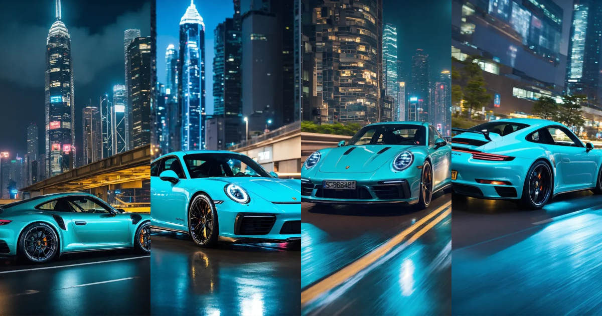 Lexica - 2023 Porsche 911, cyan, doors opened, metallic appearance ...