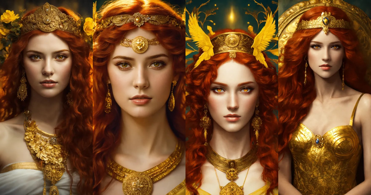 Lexica - Greek goddess with red hair and yellow eyes. royal portrait