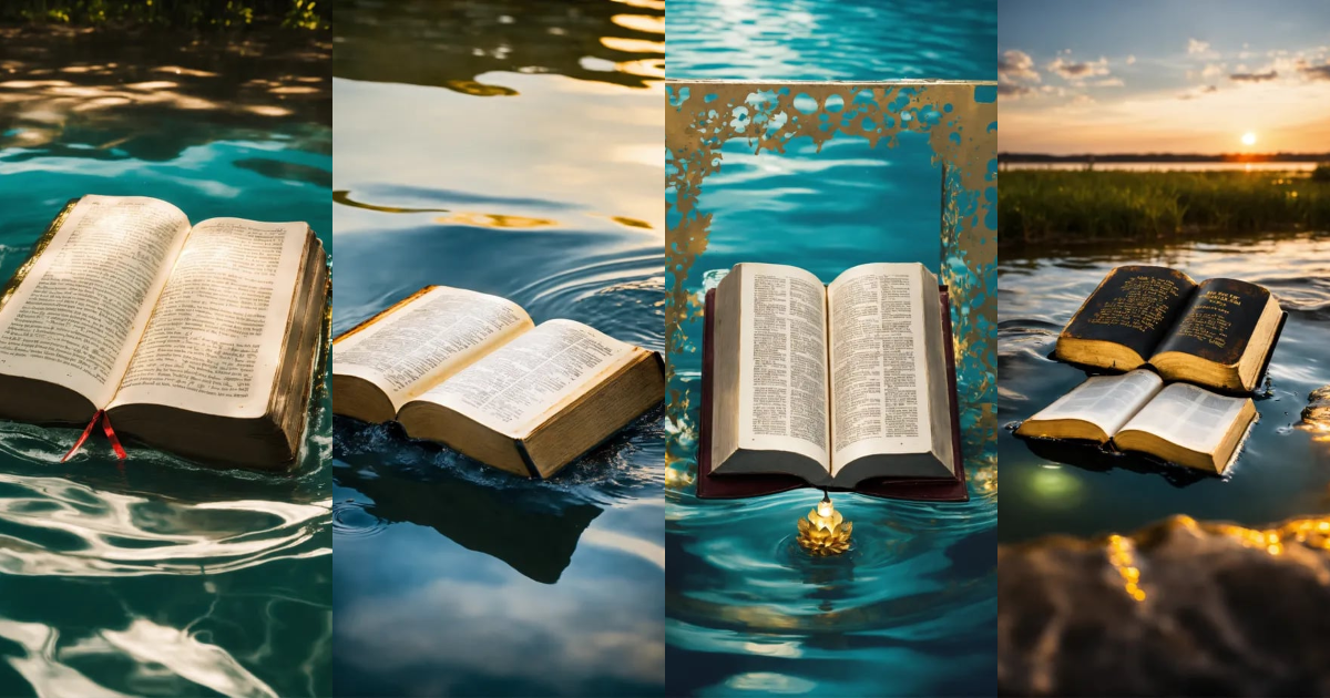 Lexica - A Bible made of metal floating in the water art station.