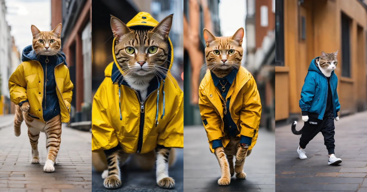 Lexica - A modern cat model walking on two legs,sporting fashionable ...