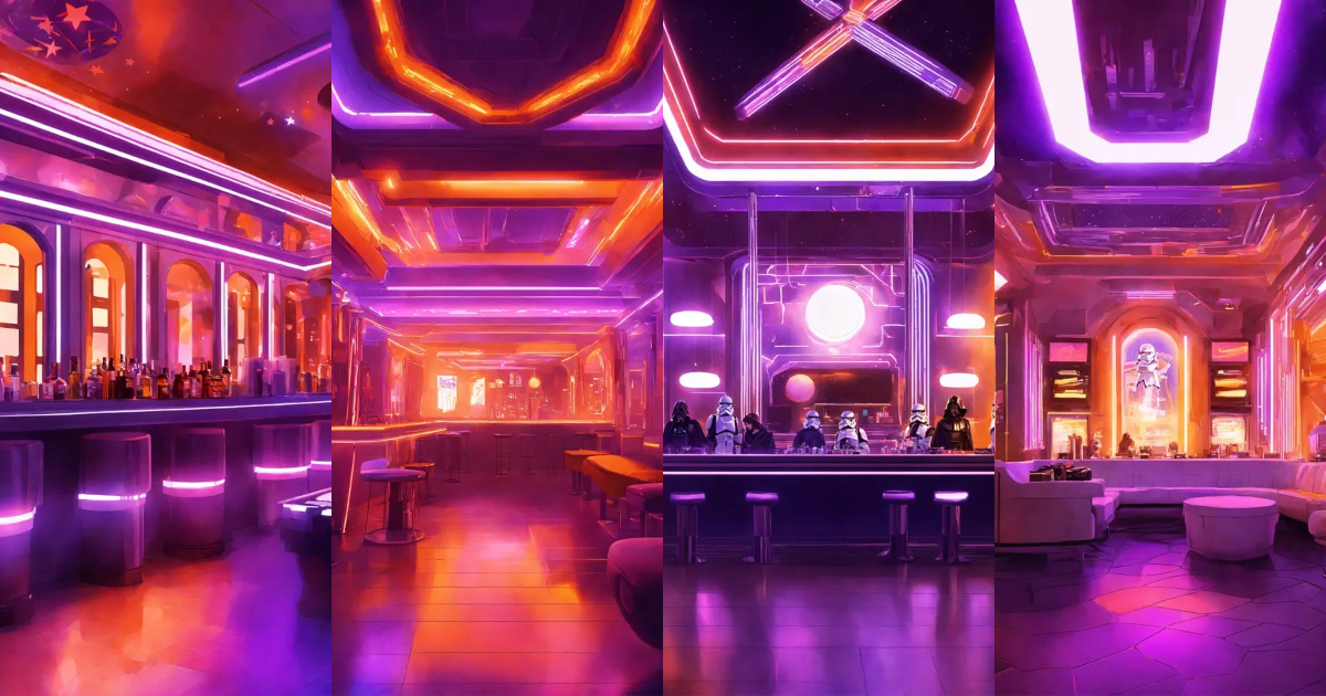 Lexica - Digital art of a white Star Wars night club with purple and ...