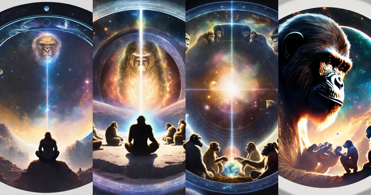 Lexica - Apes praying to human god in space, in circle image ...