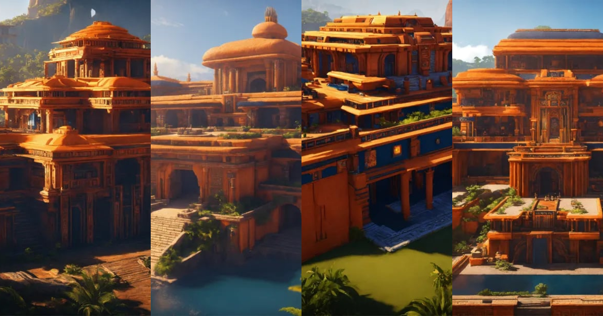 Lexica - Full image of a massive orange Aztec sci fi palace with a navy ...