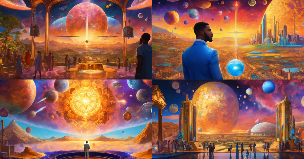 Lexica - Create a panoramic scene where the essence of a crypto-powered ...