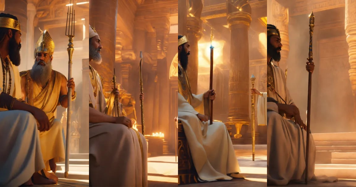 Lexica - Old Moses with his staff, and his brother, talking to Pharaoh ...