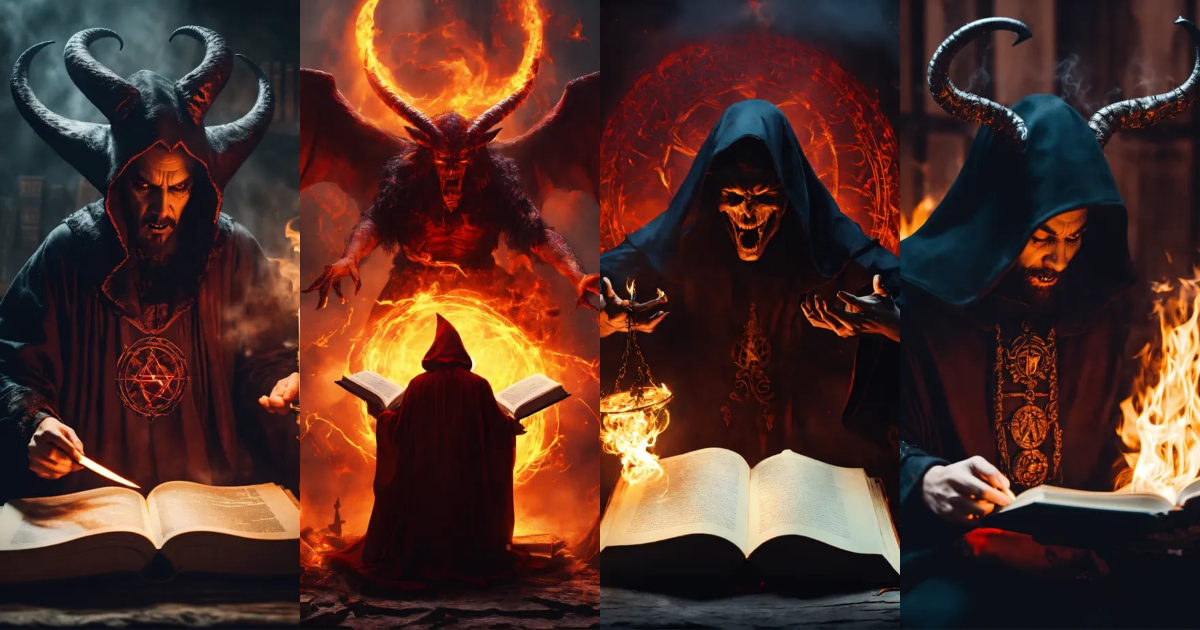 Lexica - Evil sorcerer summoning Satan using a book. Evil vibes. Scary ...