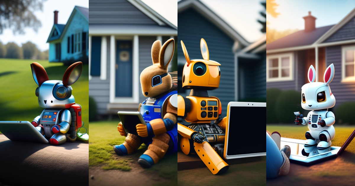 Lexica - Bunny robot working on a tablet and sitting in the front of ...