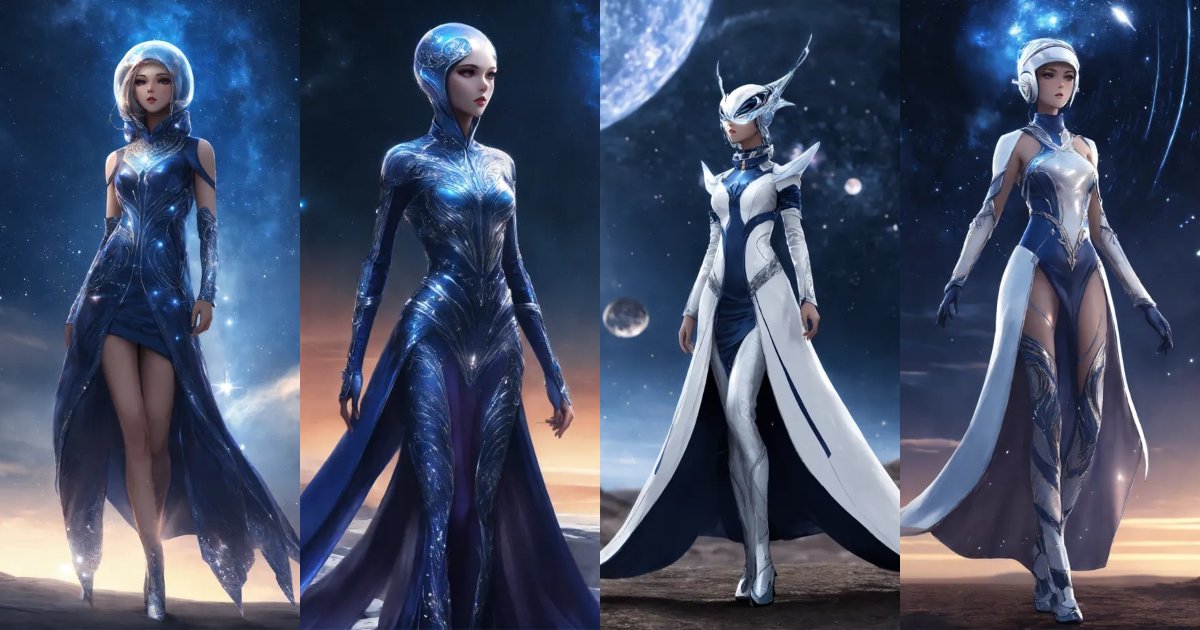 Lexica - A Alien, Alienrace female Alien_goddess beauty longdress colore navy blue shiny white ...