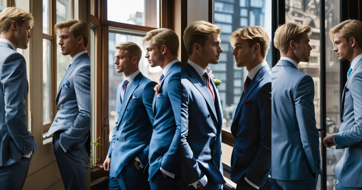 Lexica - Back side, two blonde young male executives in light blue pinstripe double breasted ...