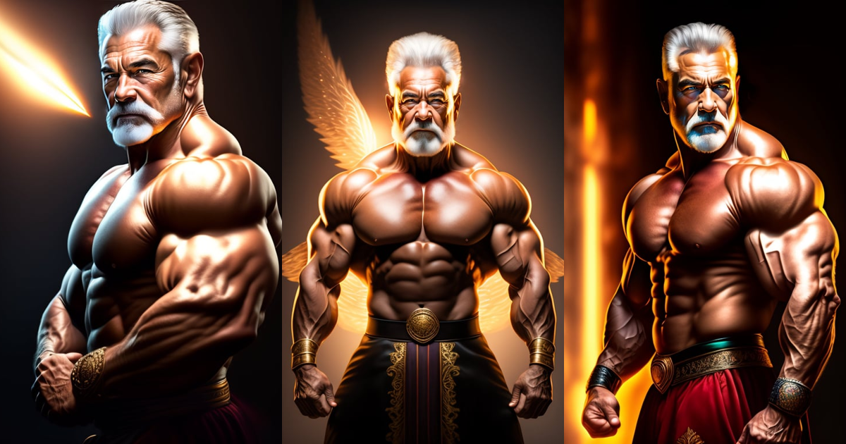 Lexica - Muscular old guy warrior, bodybuilder posing, radiant light ...