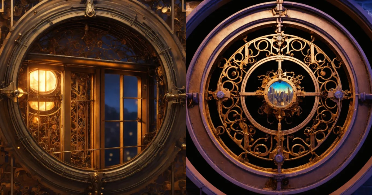 Lexica - Night window circle, city front, realistc metal, wire, realist ...