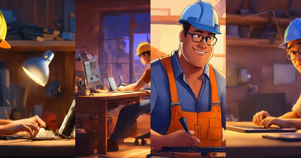 Lexica - Generate a Disney Pixar style image, man working hard in front ...