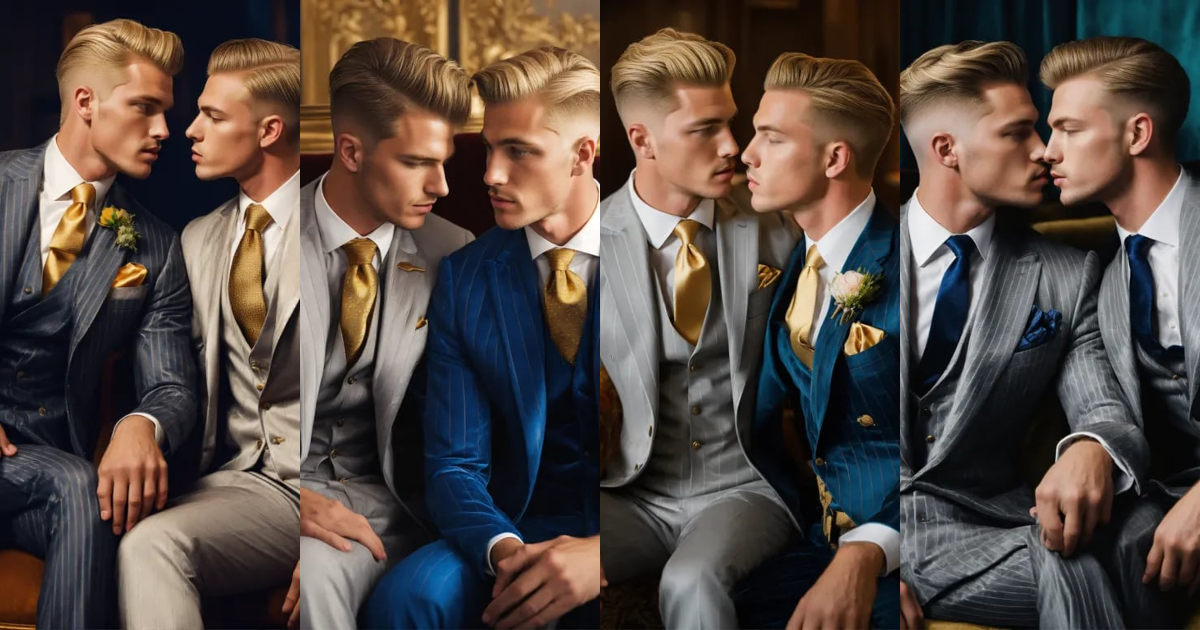 Lexica - Two blonde gentlemen in light grey pinstripe vested suit ...