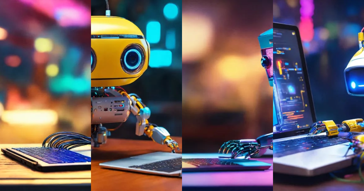 Lexica - Cute robot creature typing on a laptop, 4 cables connected to ...