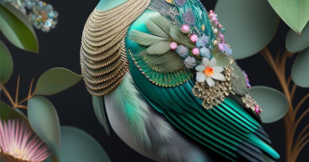 Lexica - Muted floral dusted shiny glimmering emerald teal grey bird ...