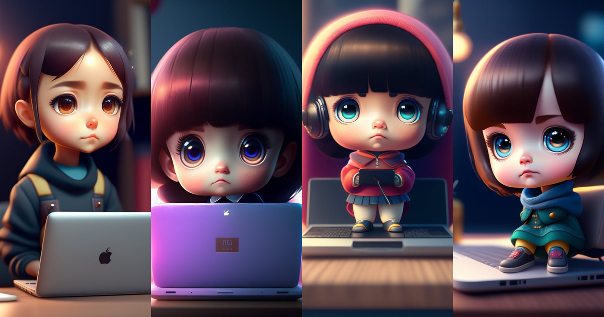 Lexica - Cute small humanoid anime eyes sitting in front of laptop ...