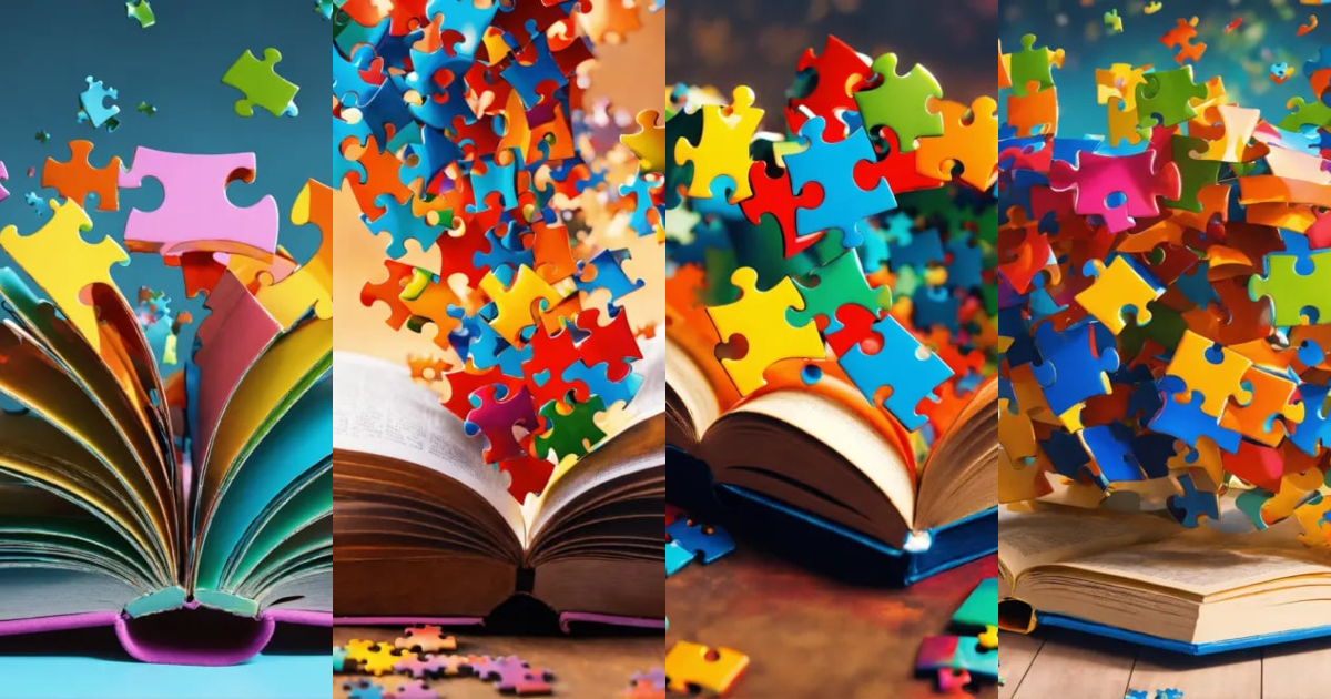 Lexica - Book open fully. Puzzle pieces flying out. Colorful. Creative ...