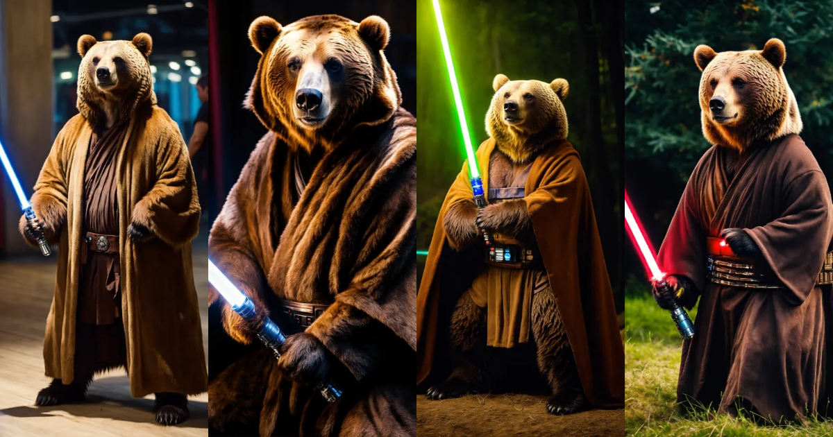 Lexica - Grizzly bear dressed as Jedi knight, lightsaber, best quality ...
