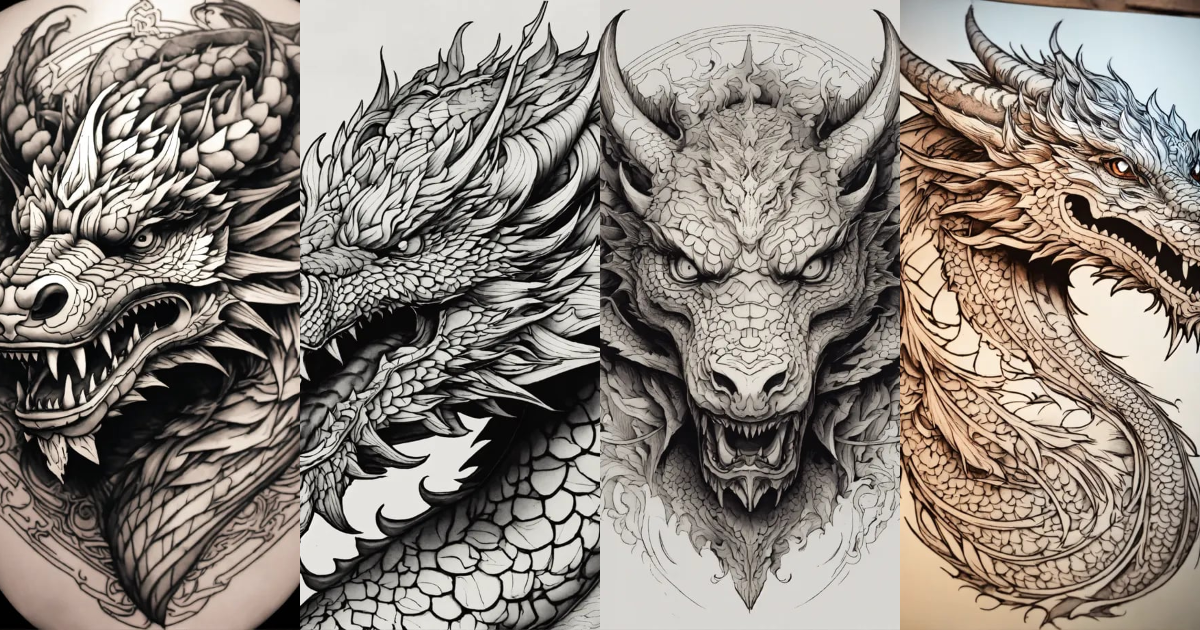 Lexica - Art of dragon head, tattoo linework, 3/4 view