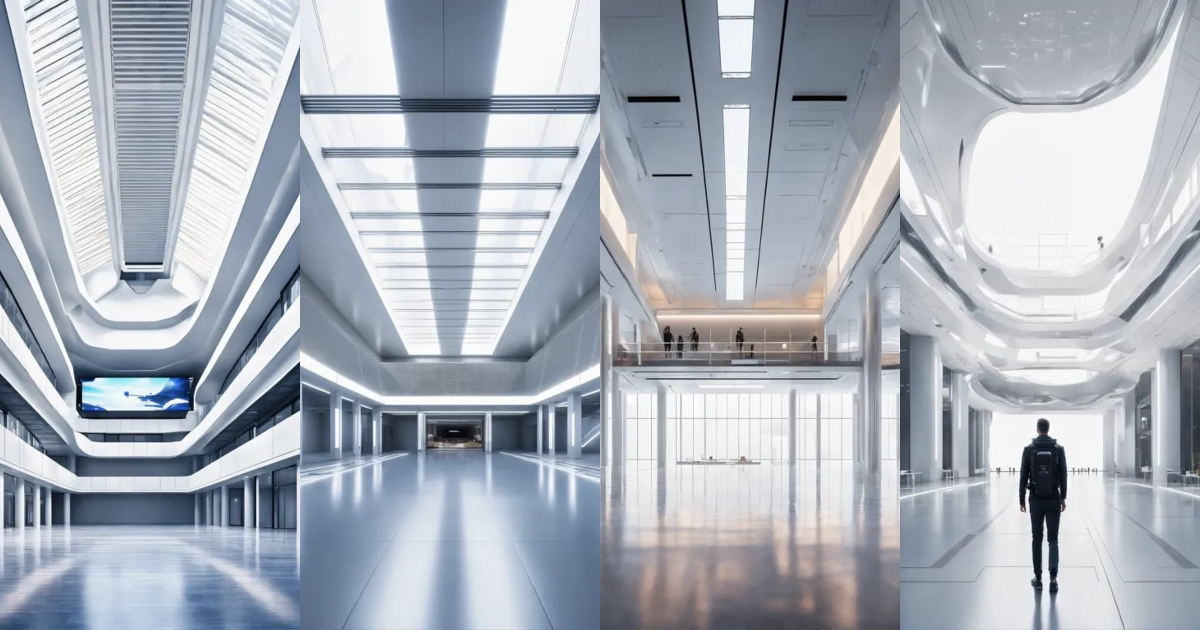 Lexica - A realistic photo from the floor of an infinite tall huge hall ...