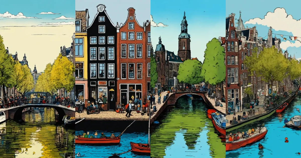 Lexica - Detailed pen and ink illustration of buildings and a canal in Amsterdam, by Herge, in ...