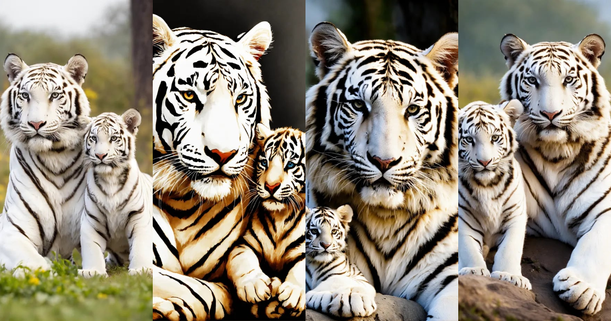 Lexica - A White Bengal Tiger with his young, the two very tender and ...