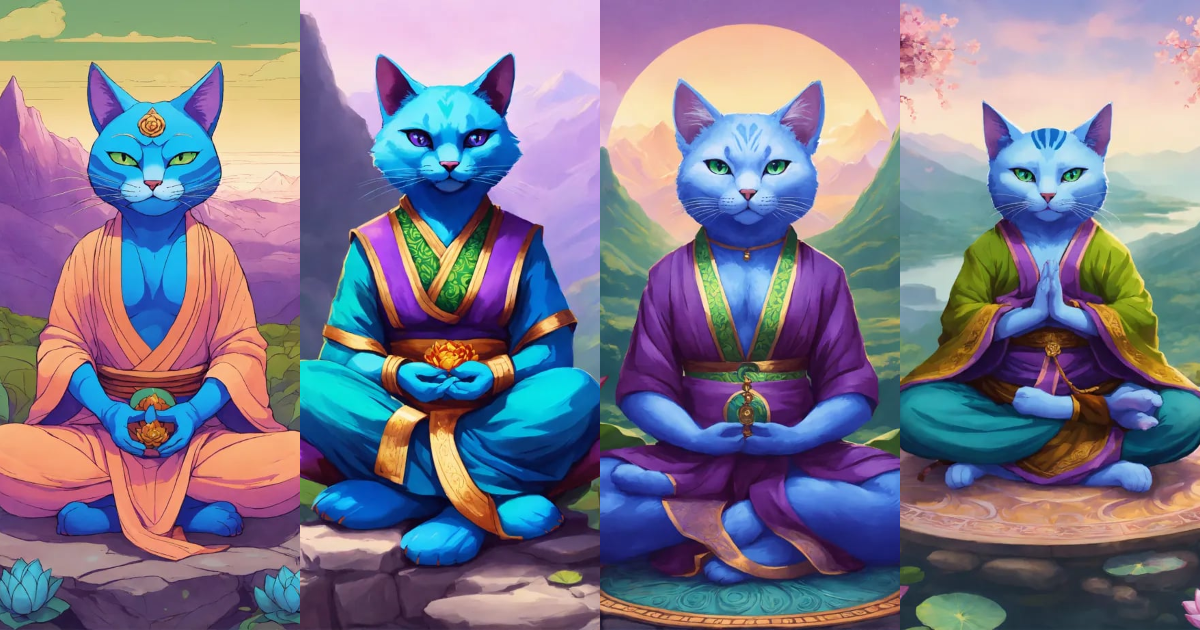 Lexica - An anthropomorphic blue cat monk in lotus pose, purple and ...
