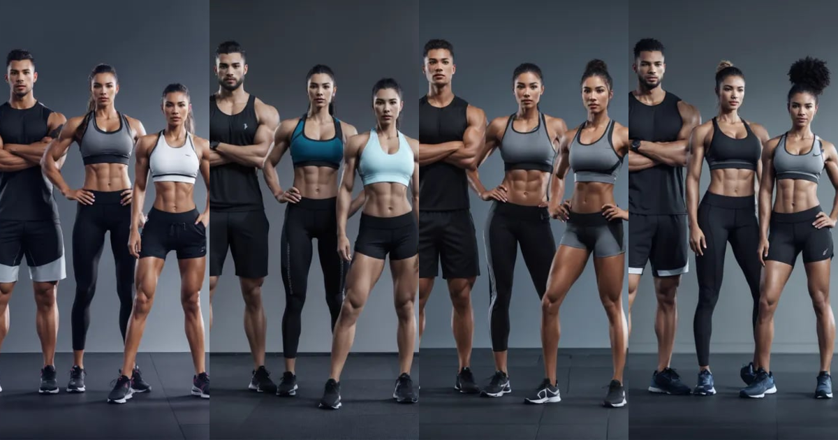 Lexica - Fitness people, black color fitness wear, front view, studio ...