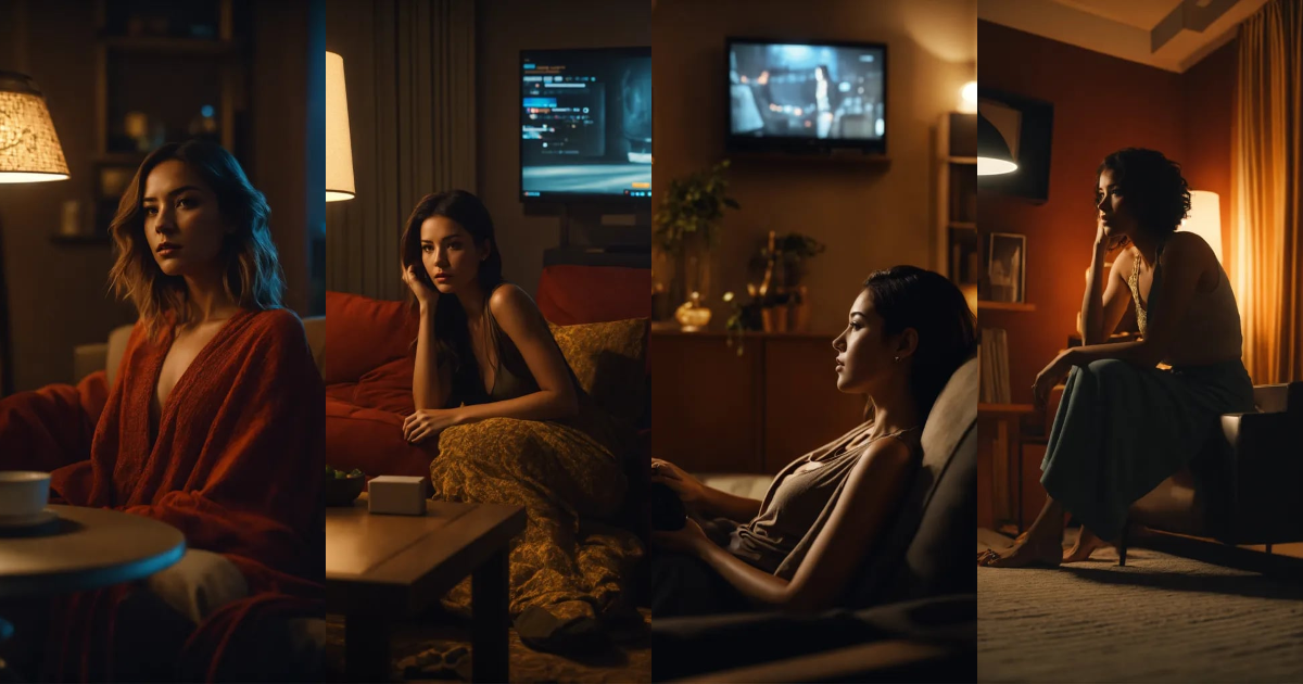 Lexica - A hot female watching tv with sadness, dark dim light room, interior night time ...